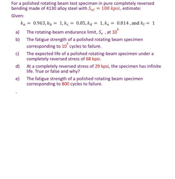 Solved For a polished rotating beam test specimen in pure | Chegg.com