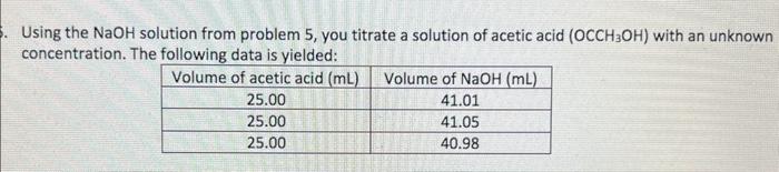 Using the NaOH solution from problem 5 , you titrate | Chegg.com