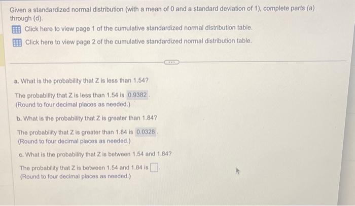 Solved Given a standardized normal distribution (with a mean | Chegg.com