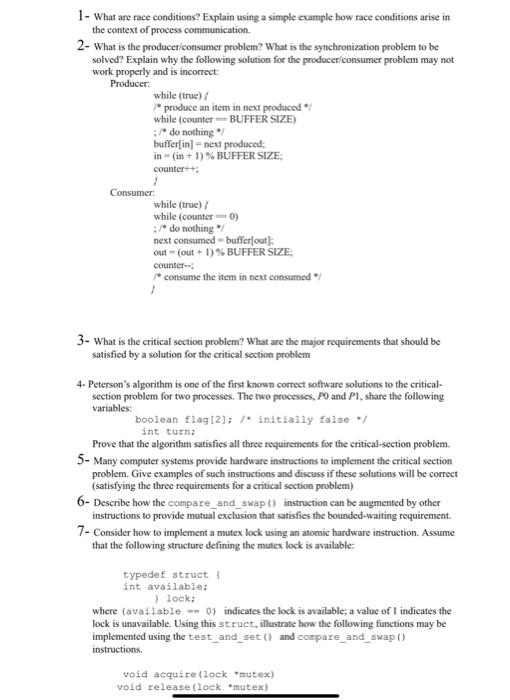 Solved 1- What are race conditions? Explain using a simple | Chegg.com