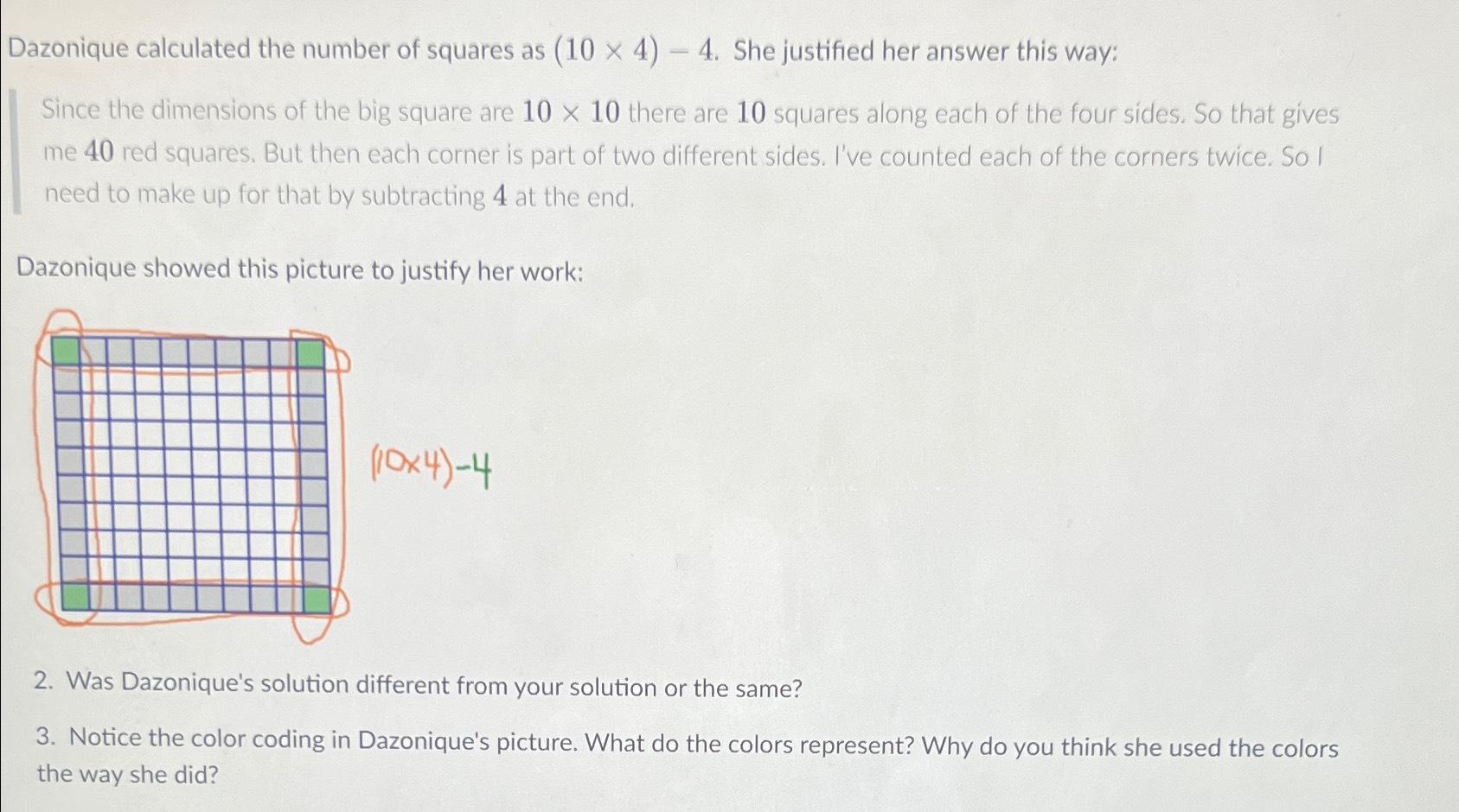 Solved Dazonique calculated the number of squares as | Chegg.com