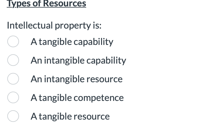 Solved Iypes of ResourcesIntellectual property is:A tangible | Chegg.com