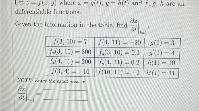 Solved Let z=f(x,y) where x=g(t),y=h(t) and f,g,h are all | Chegg.com