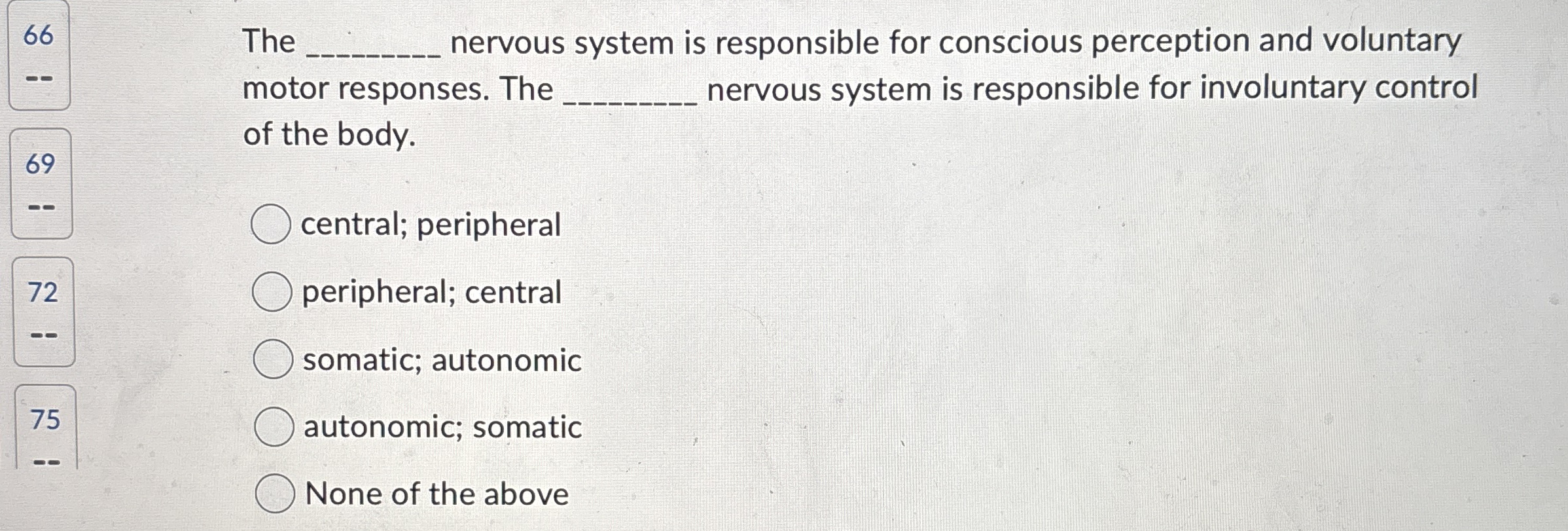66The ﻿nervous system is responsible for conscious | Chegg.com