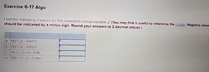 Solved Exercise 6-17 ﻿AlgoFind the following z ﻿values for | Chegg.com