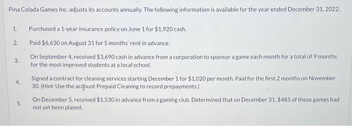 Solved Pina Colada Games Inc. adjusts its accounts annually. | Chegg.com