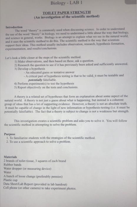 Biology - LAB I TOILET PAPER STRENGTH (An | Chegg.com