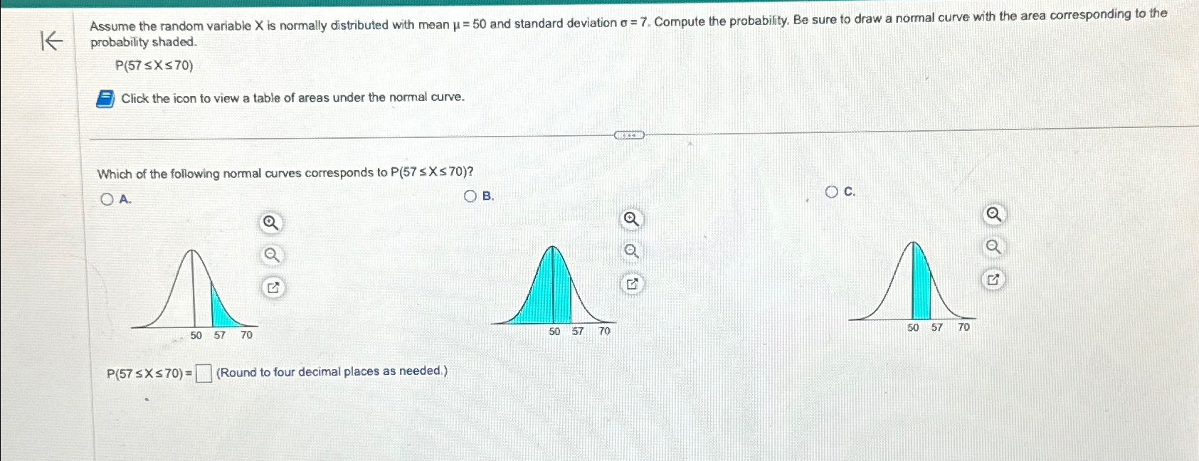 Solved probability shaded.P(57≤x≤70)Click the icon to view a | Chegg.com