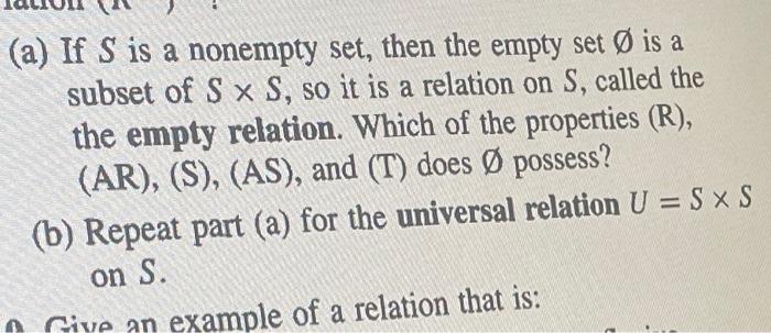 Solved (a) If S is a nonempty set, then the empty set ∅ is a | Chegg.com