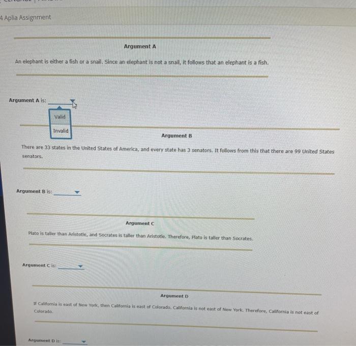 4 Aplia Assignment Argument A An elephant is elther a | Chegg.com