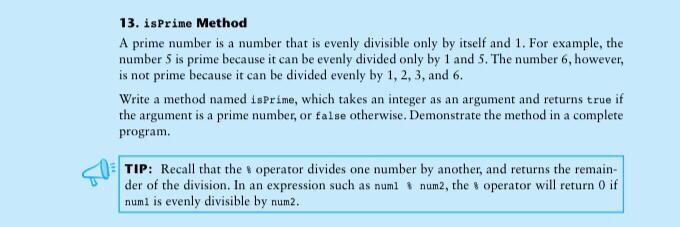 Solved 13. isprime Method A prime number is a number that is | Chegg.com