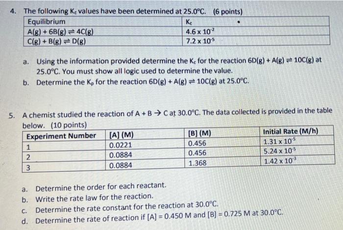 Solved 4. The following Ke values have been determined at | Chegg.com