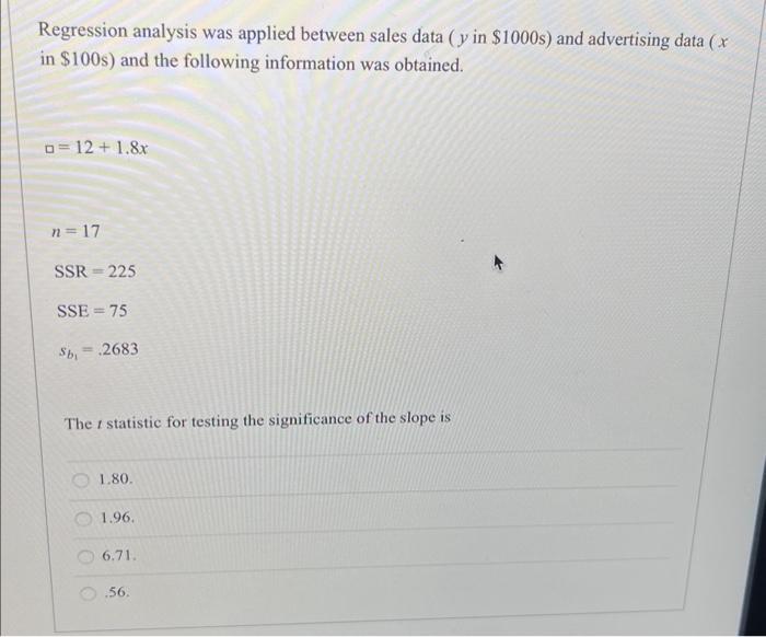 Solved Regression analysis was applied between sales data (y | Chegg.com