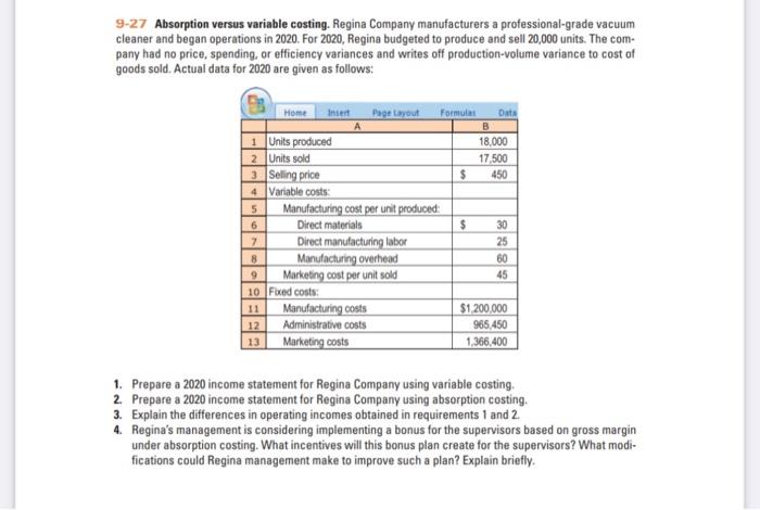 Solved 9-27 Absorption versus variable costing. Regina | Chegg.com