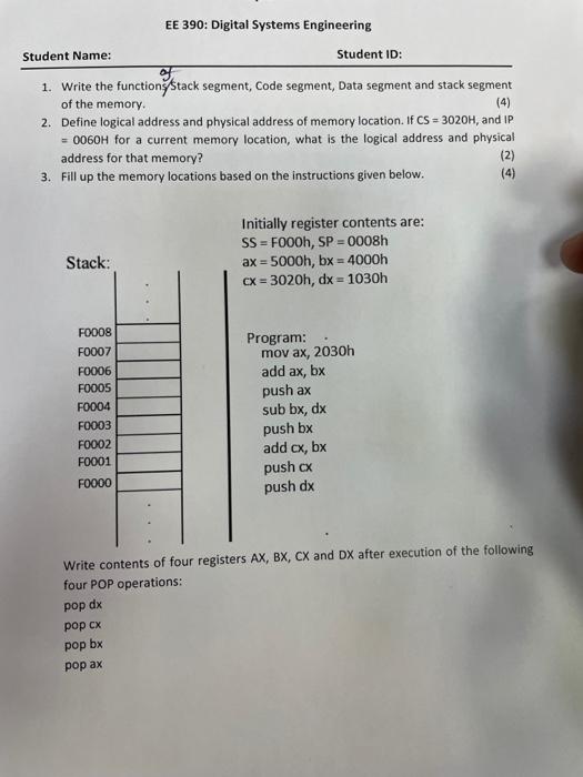 Solved 1. Write the functions/stack segment, Code segment, | Chegg.com