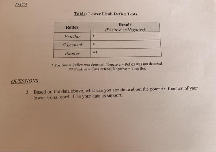 Solved DATA Table: Lower Limb Reflex Tests Reflex Result | Chegg.com