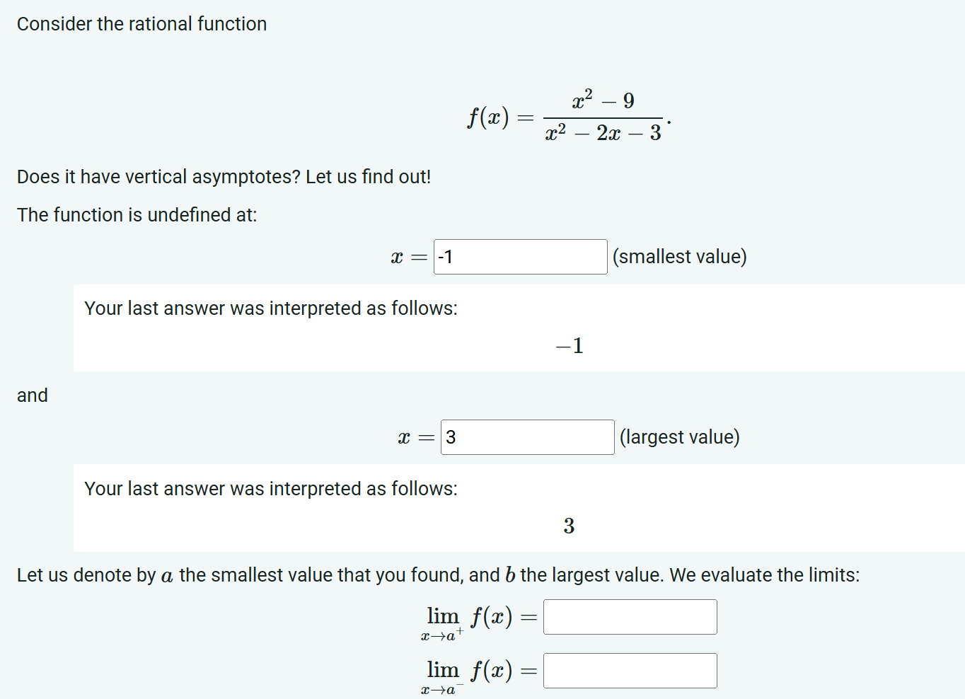 Solved Consider the rational functionf(x)=x2-9x2-2x-3Does it | Chegg.com