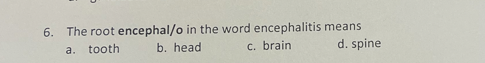 Solved The root encephal/o in the word encephalitis meansa. | Chegg.com