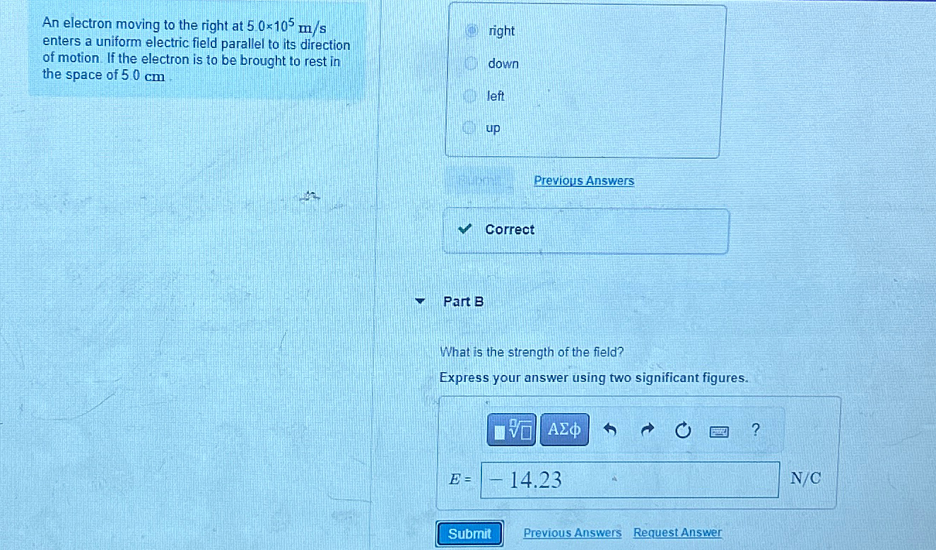 Solved An electron moving to the right at 5.0×105ms ﻿enters | Chegg.com