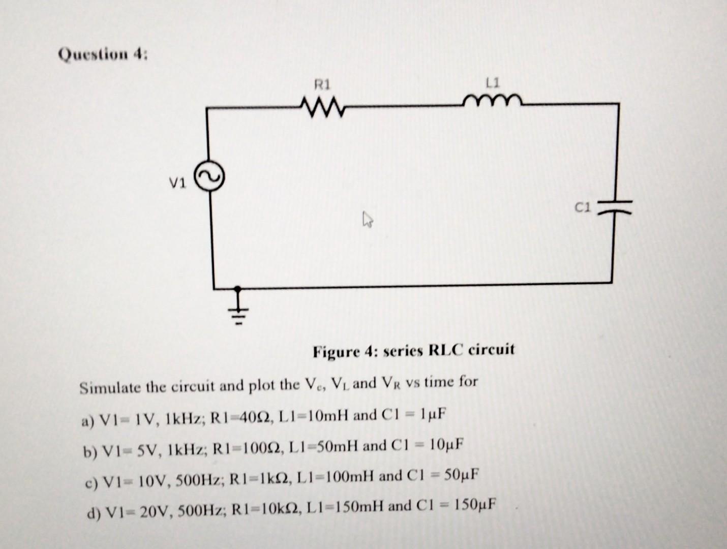 Question 4: Figure 4: series RLC circuit Simulate the | Chegg.com