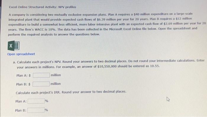 Solved Excel Online Structured Activity: NPV profiles A | Chegg.com