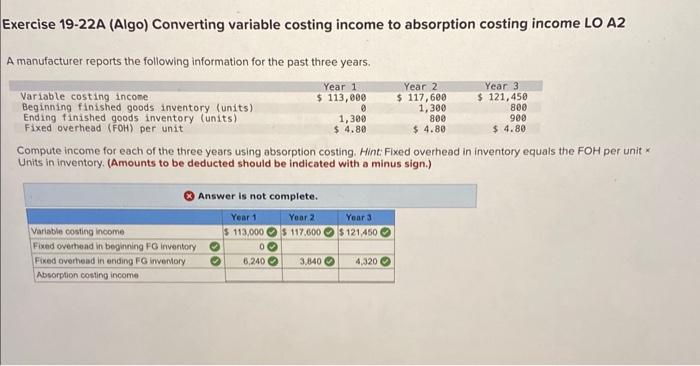 Solved Exercise 19-22A (Algo) Converting variable costing | Chegg.com