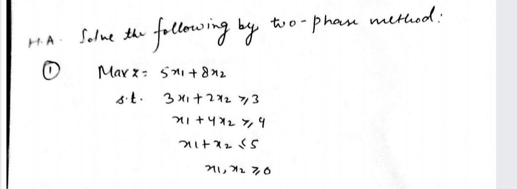 Solved two-phase method: Solue the following by HA Max z = | Chegg.com