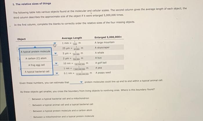 Solved 1. The relative sizes of things The following table | Chegg.com