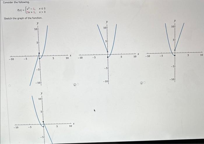 Solved Consider the following. f(x)={x2−1,3x+1,x≤0x>0 Sketch | Chegg.com