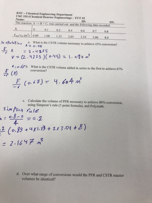 KSU - Chemical Engineering Department CHE 320 | Chegg.com