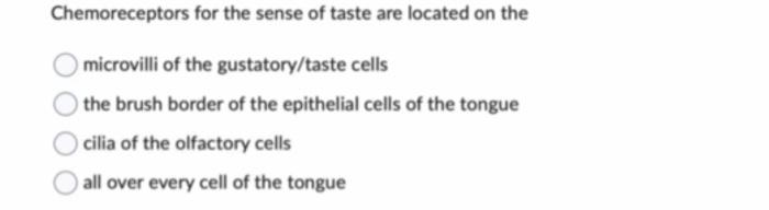 Solved Chemoreceptors for the sense of taste are located on | Chegg.com
