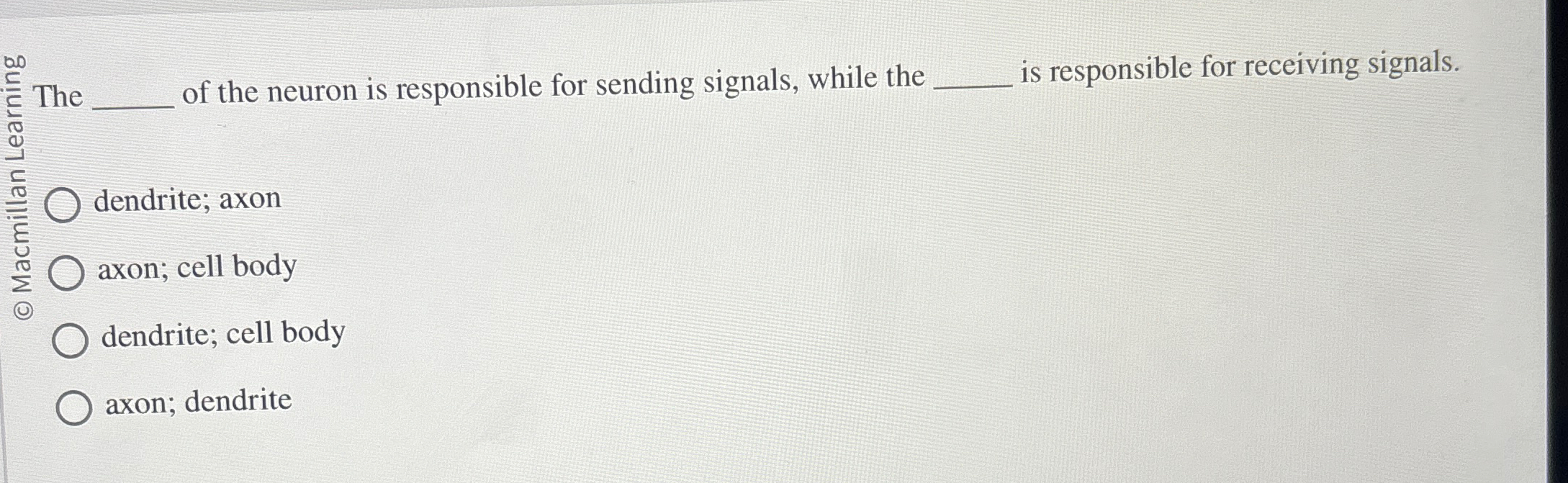 Solved Theq, ﻿of the neuron is responsible for sending | Chegg.com