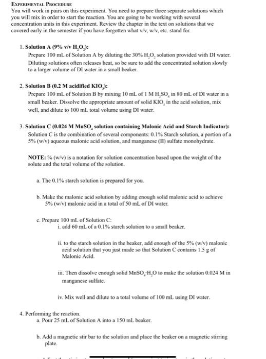 Solved EXPERIMENTAL PROCEDURE You will work in pairs on this | Chegg.com