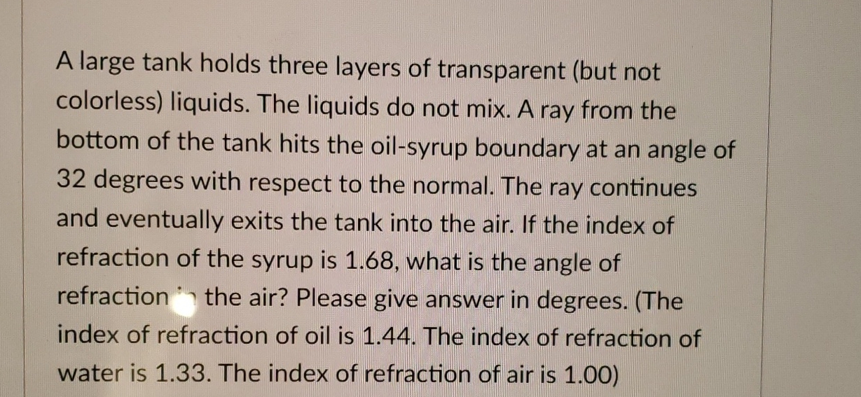 Solved A large tank holds three layers of transparent (but | Chegg.com