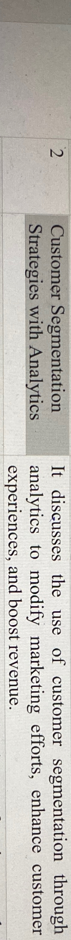 Solved \table[[2,Customer Segmentation],[Strategies with | Chegg.com