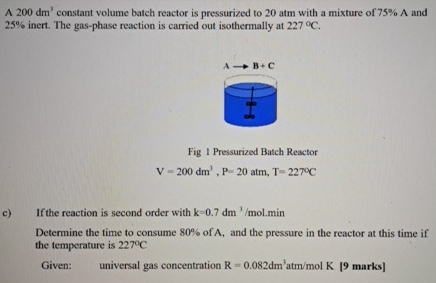 Solved A 200dm3 ﻿constant volume batch reactor is | Chegg.com