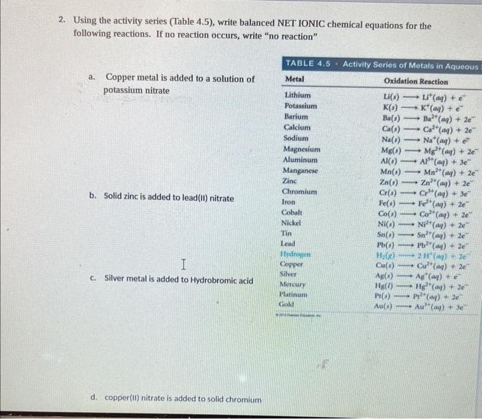 Solved Using the activity series (Table 4.5), write balanced | Chegg.com