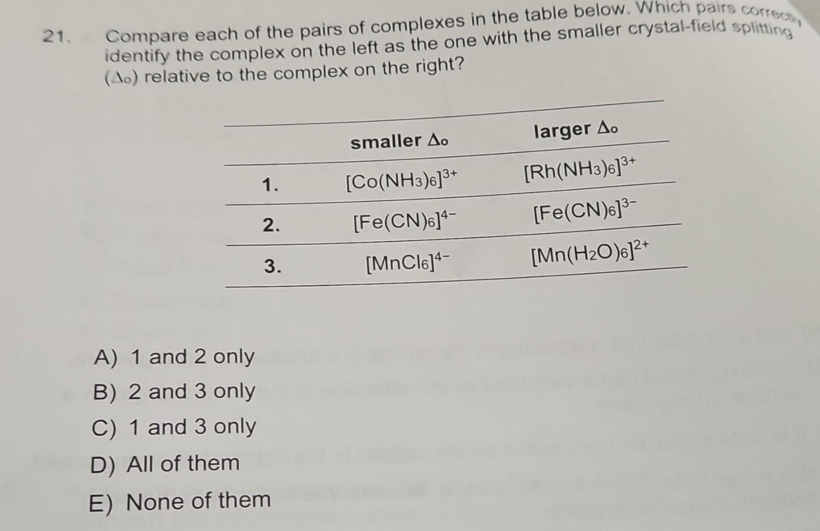 Solved 1. Compare each of the pairs of complexes in the | Chegg.com