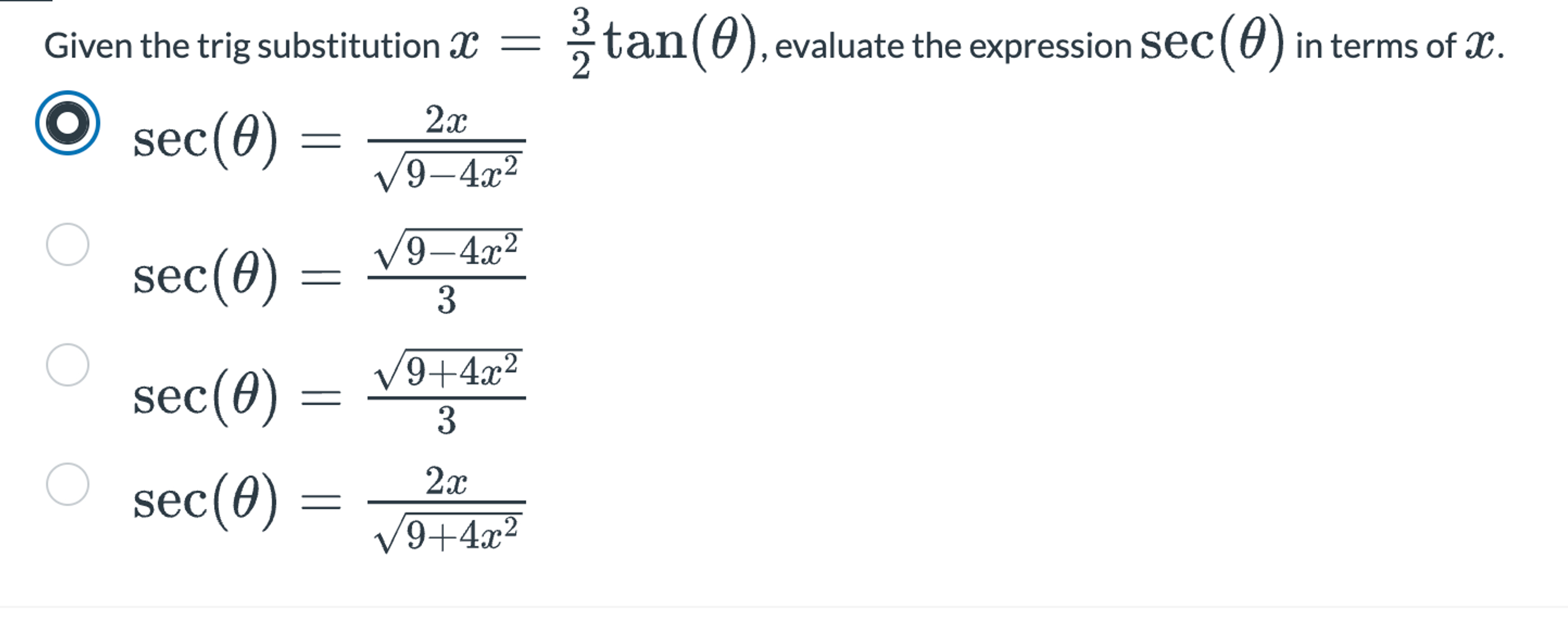 Solved Given the trig substitution x=32tan(θ), ﻿evaluate the | Chegg.com