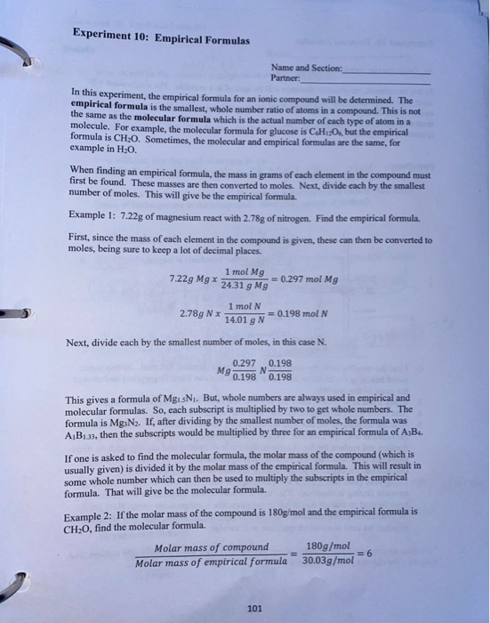 Solved Experiment 10: Empirical Formulas Prelab: Name: 1. | Chegg.com