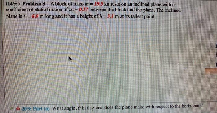Solved (14%) Problem 3: A block of mass m= 19.5 kg rests on | Chegg.com
