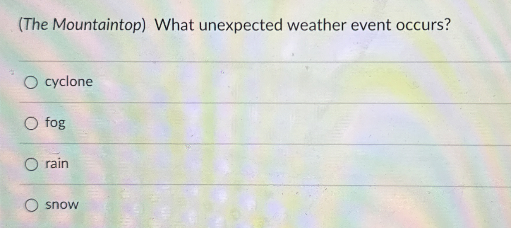 Solved (The Mountaintop) ﻿What unexpected weather event | Chegg.com
