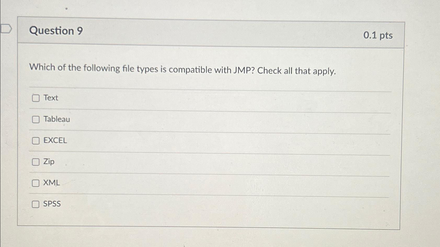 Solved Question 90.1ptsWhich of the following file types is | Chegg.com