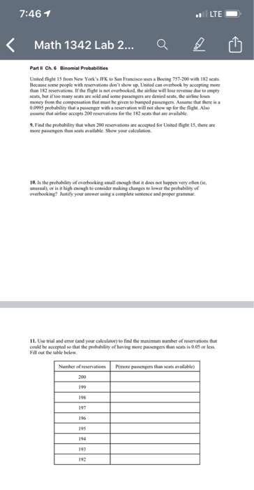 Solved 7:46 1 LTE Math 1342 Lab 2... Q Partll Ch6 Binomial | Chegg.com