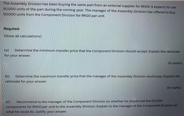 Solved The Component Division produces a part that is used | Chegg.com