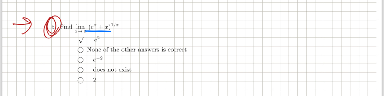 Solved limx→0(ex+x)1xThe answer is e-2I want to know how to | Chegg.com