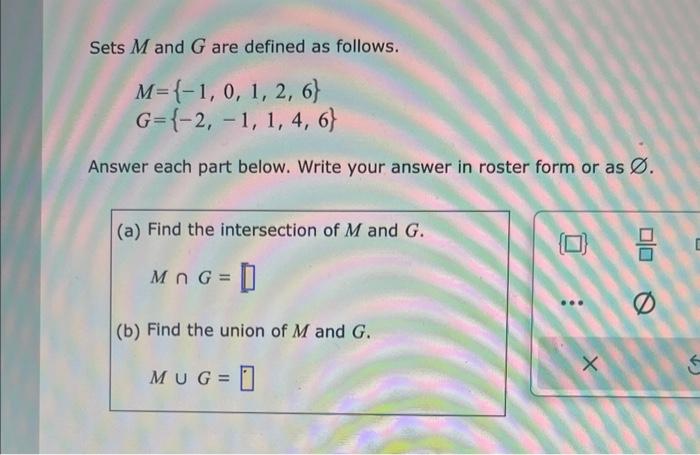 Solved Sets M and G are defined as follows.M-(-1, 0, 1, 2, | Chegg.com