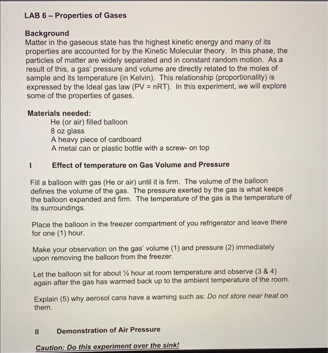 LAB 6 - Properties of Gases - Background Matter in | Chegg.com
