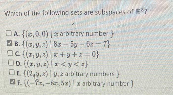 Solved Which of the following sets are subspaces of R3 ? A. | Chegg.com