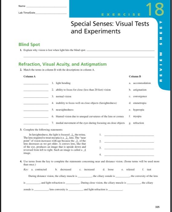 Solved Name 18 Lab Time/Date EXERCISE Special Senses: Visual | Chegg.com